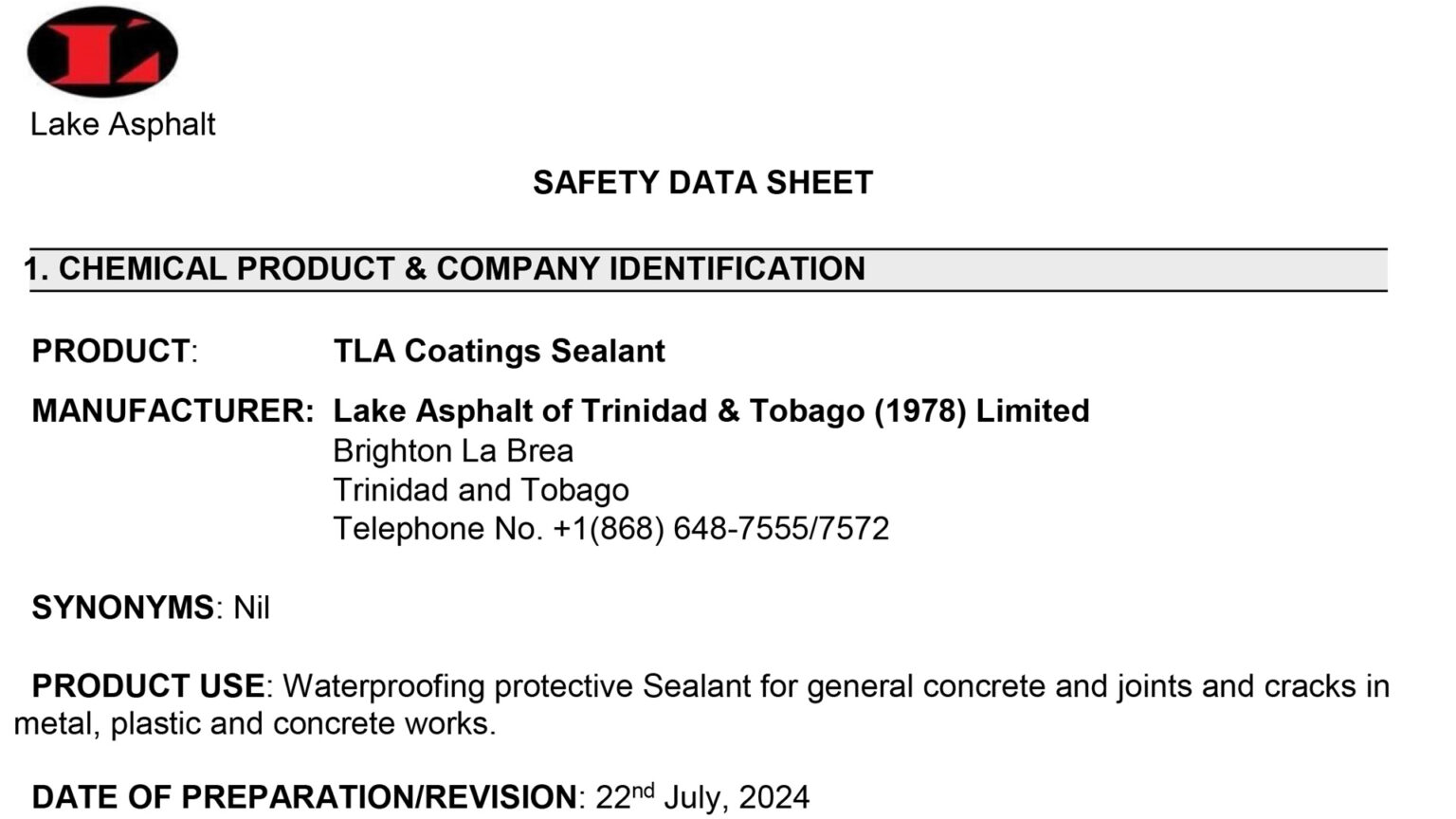 TLA Coatings Sealant - Lake Asphalt of Trinidad and Tobago (1978) Limited